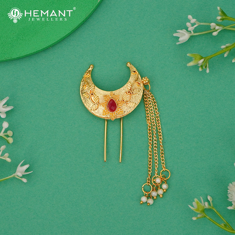 Traditional Gold Plated Ambada Pin with Chandrakor Design and Pearl Dr ...