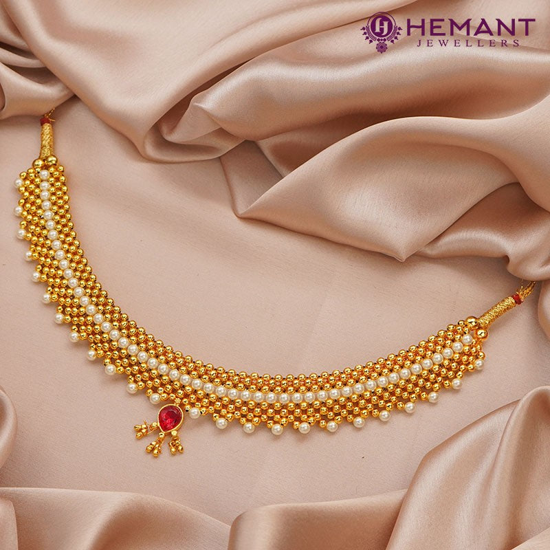 Traditional Maharashtrian Kolhapuri Thushi Double Thushi ZigZag Moti P – Hemant Jewellers